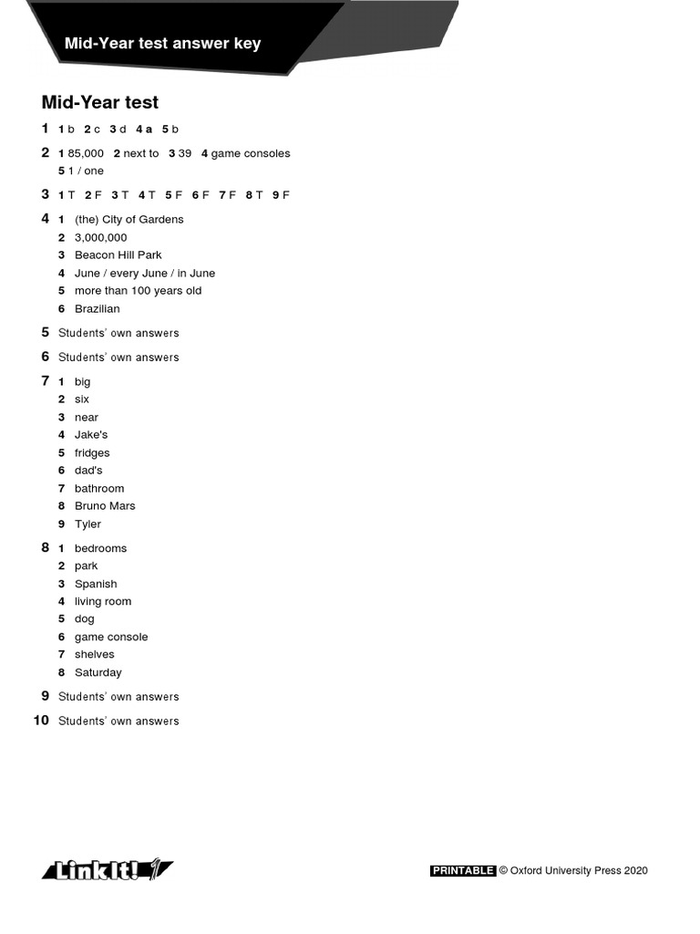 Mid-Year and End-Year Test Answer Key | PDF