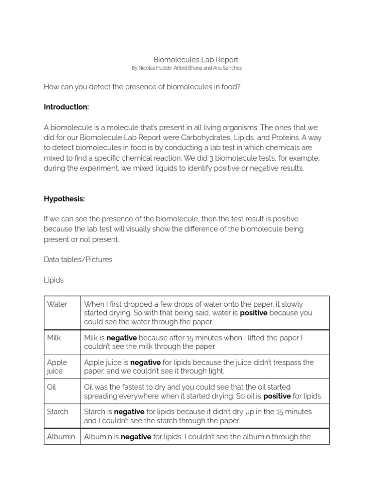 Biomolecules Lab Report | PDF | Biomolecules | Oil