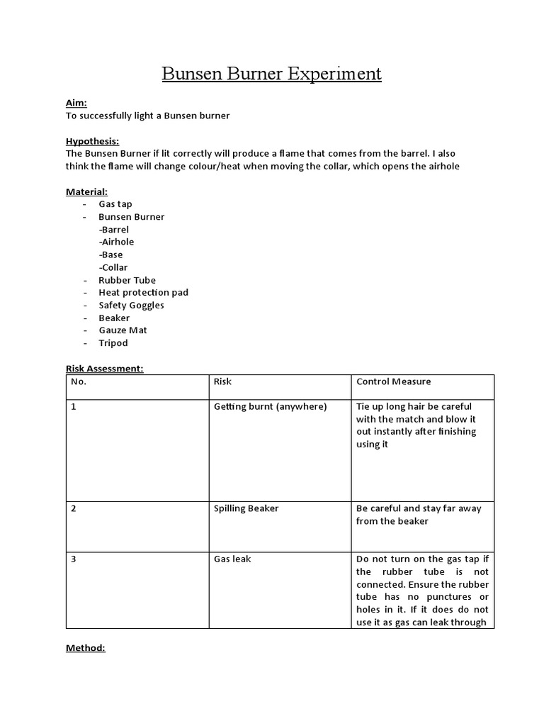 Bunsen Burner Experiment | PDF | Equipment