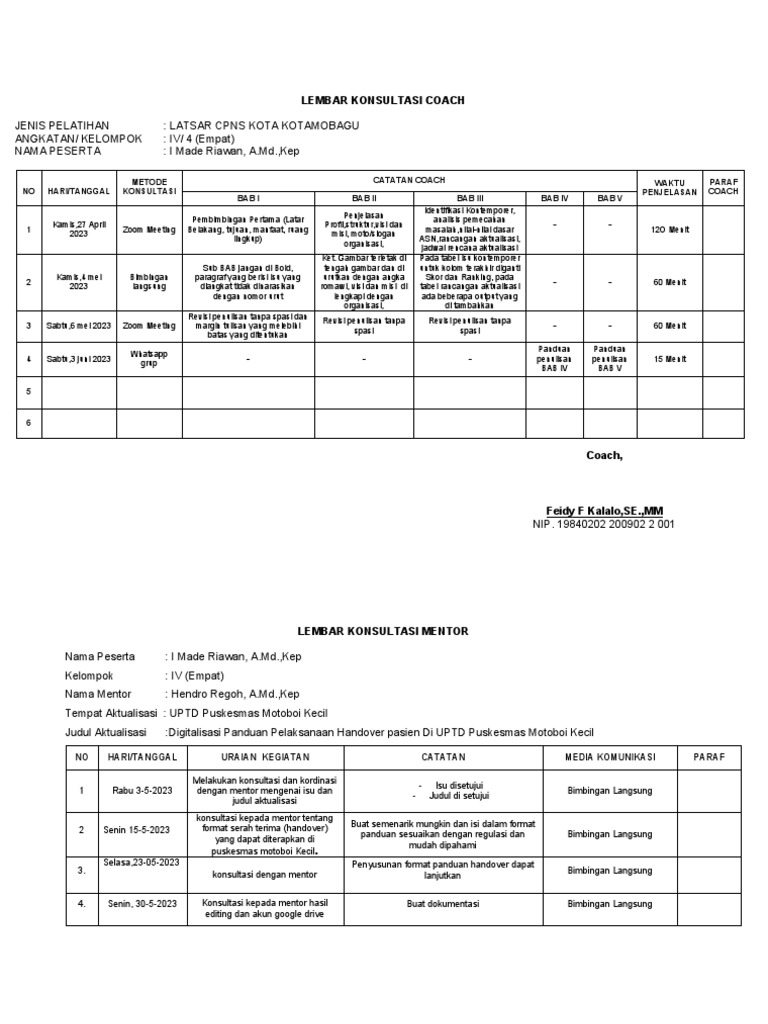 Lembar Konsultasi Coach & Mentor | PDF