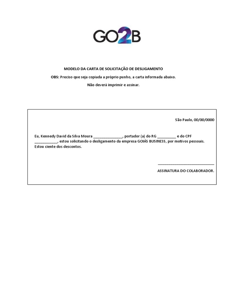 Modelo Da Carta De Solicitação De Desligamento Pdf