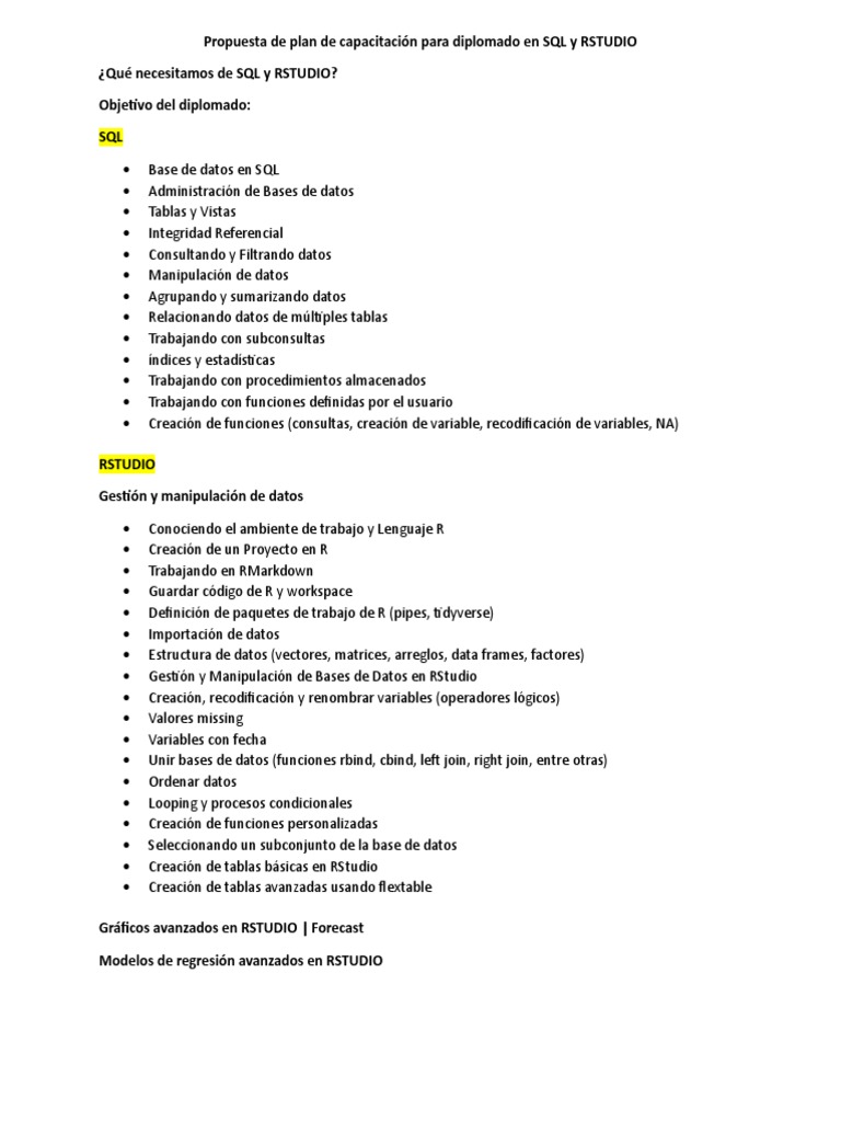 Propuesta de Plan de Capacitación para Diplomado en SQL y RSTUDIO | PDF