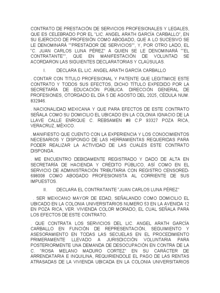 Contrato de Prestación de Servicios Profesionales y Legales | PDF ...