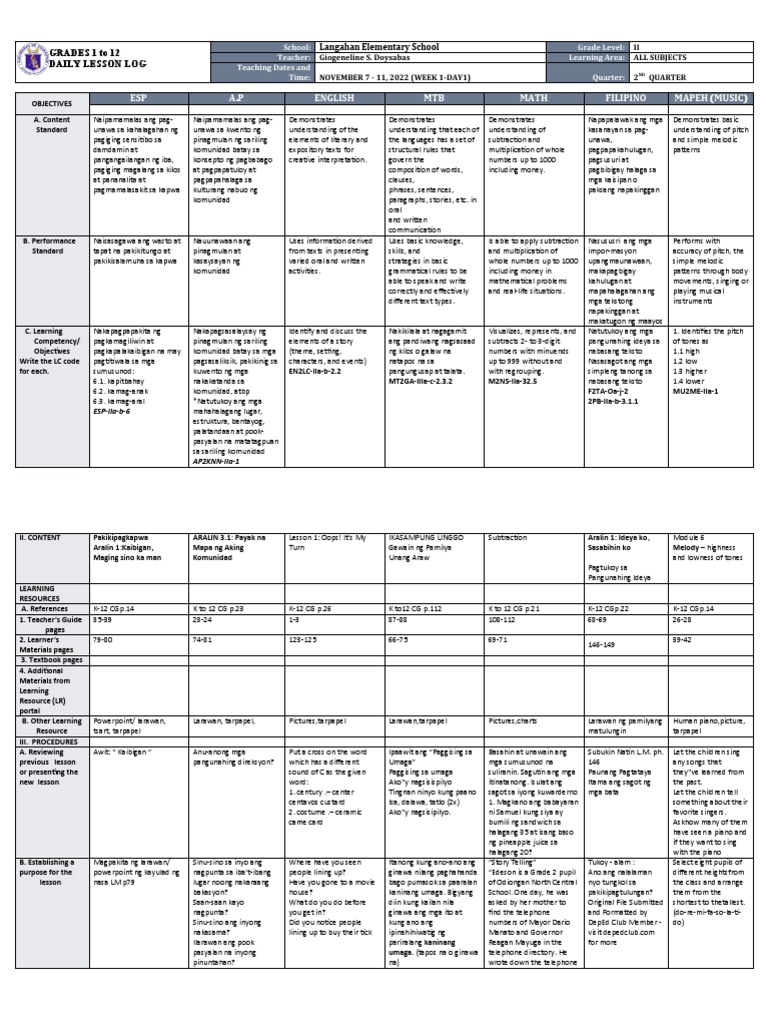 DLL - All Subjects 2 - Q2 - W1 - D1 | PDF