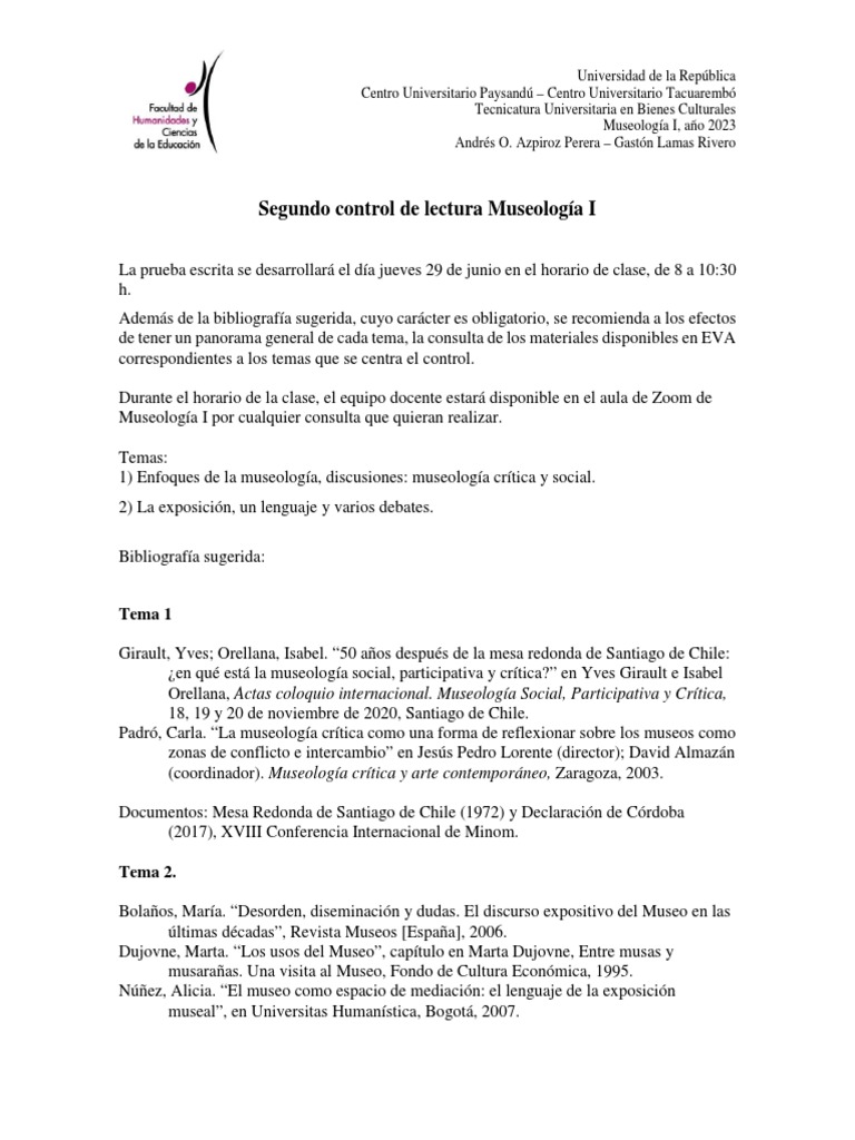 2023 - Segundo Control de Lectura Museología I | PDF