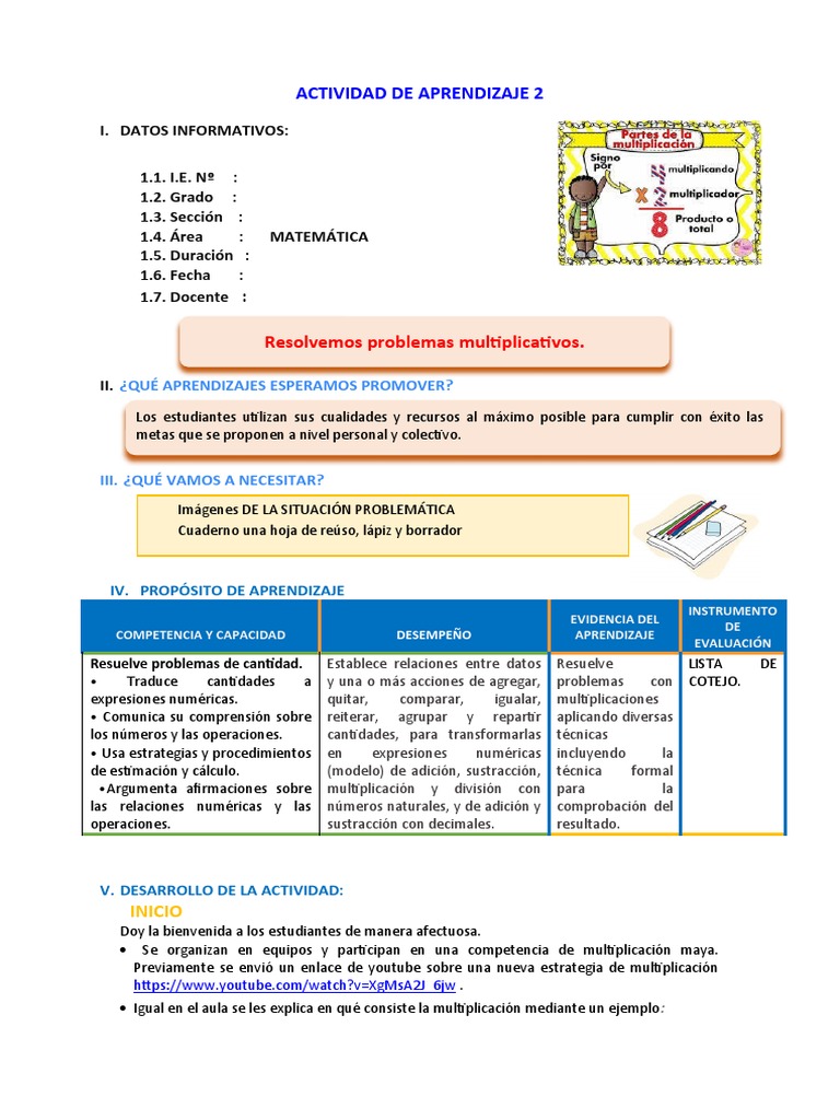 D2 A1 SESION MAT. Resolvemos Problemas Multiplicativos. | PDF | Evaluación | Multiplicación