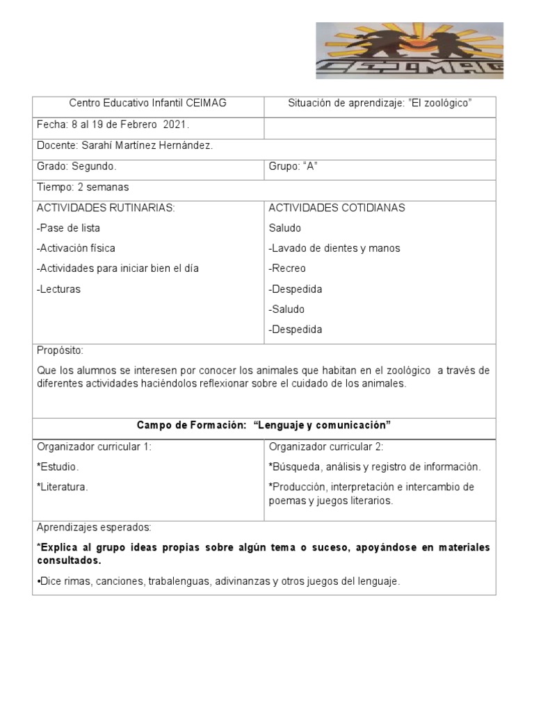 plan el zoologico 2021 | PDF | Aprendizaje