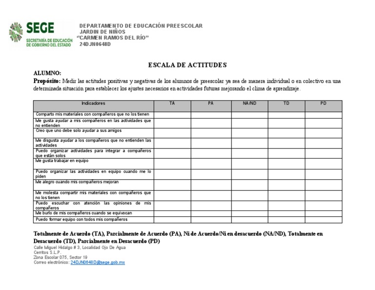 Escala De Actitudes Para Preescolar Pdf