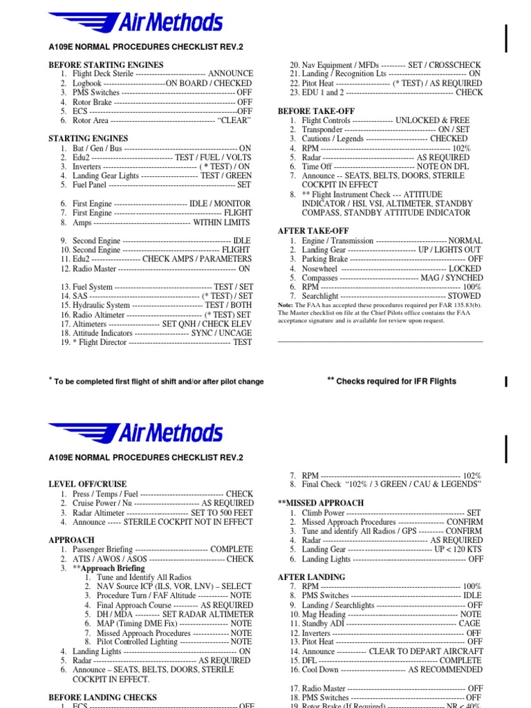 A109E Helicopter Normal Procedures Checklist | PDF | Cockpit | Altimeter