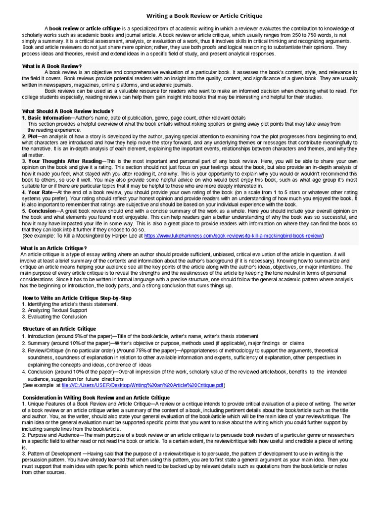 Book Review Article Critique | PDF | Books | Critical Thinking