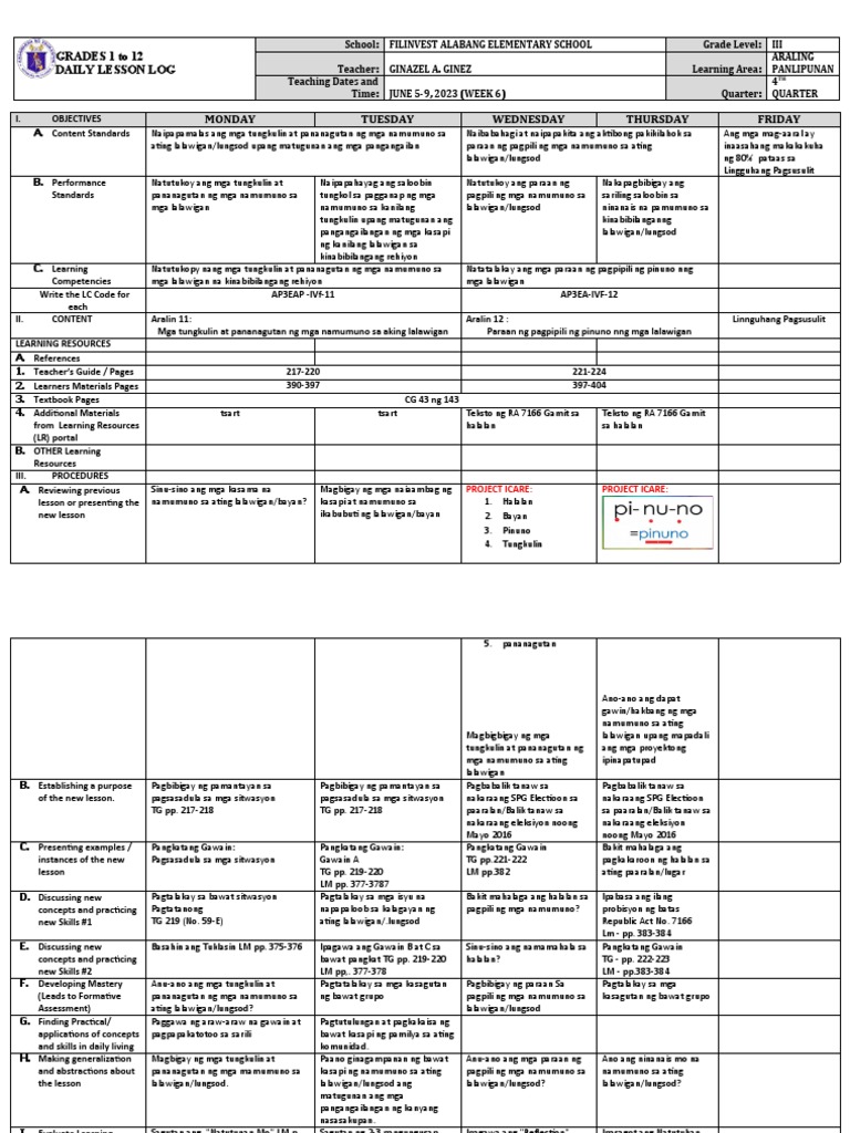 DLL - Araling Panlipunan 3 - Q4 - W6 | PDF