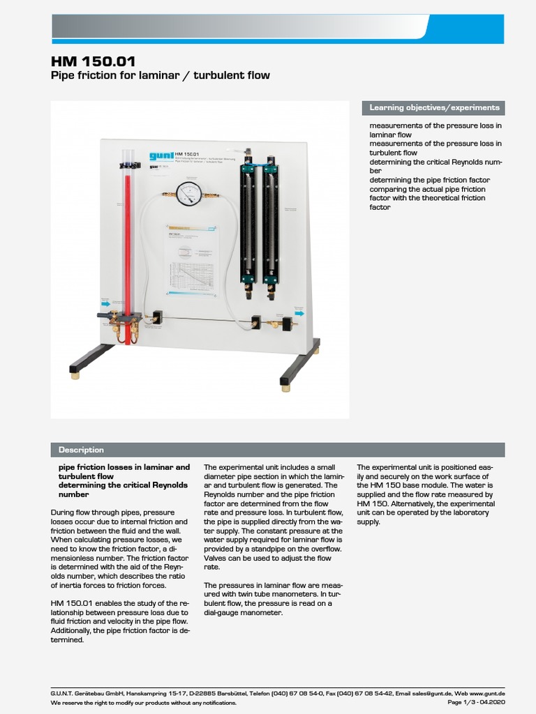 HM 150.01 Pipe Friction For Laminar Turbulent Flow Gunt 548 PDF - 1 ...