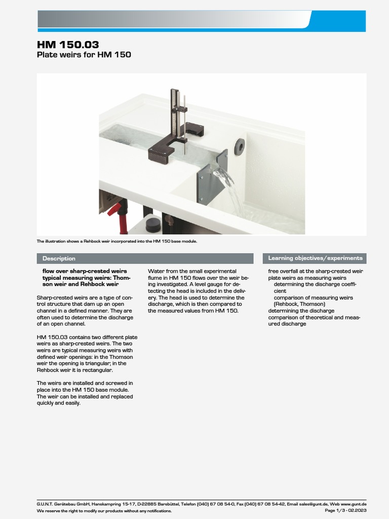 HM 150.03 Plate Weirs For HM 150 Gunt 550 PDF - 1 - en GB | PDF ...