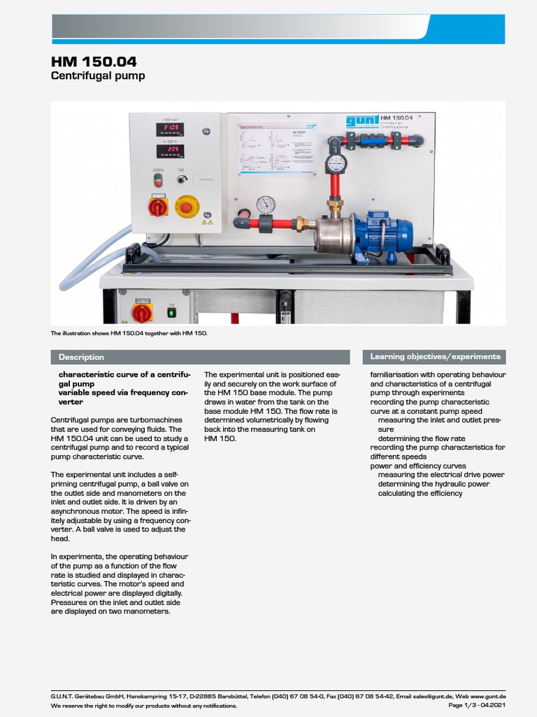 HM 150.04 Centrifugal Pump Gunt 551 PDF - 1 - en GB | PDF | Pump | Pressure Measurement