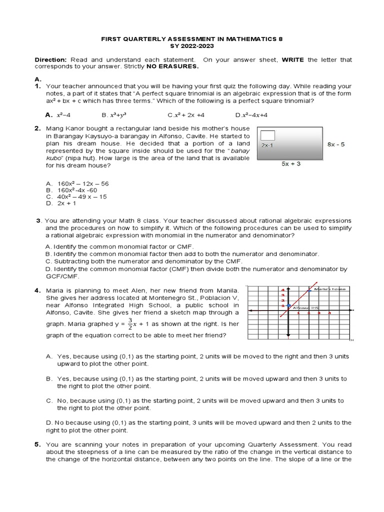 FIRST QUARTERLY ASSESSMENT IN MATHEMATICS 8 SY 2022-2023-Conso | PDF | Equations | Slope