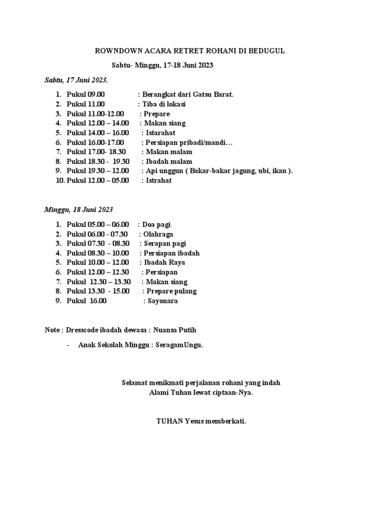 Rowndown Acara Retret Rohani Di Bedugul | PDF
