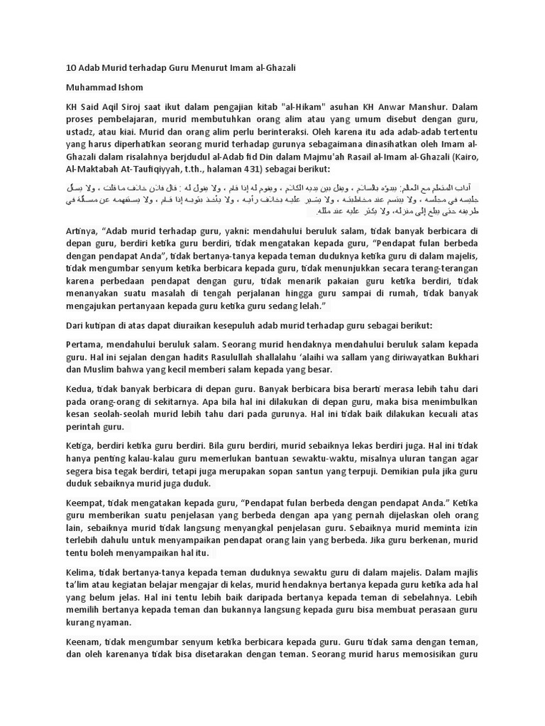 10 Adab Murid Terhadap Guru Menurut Imam Al Pdf