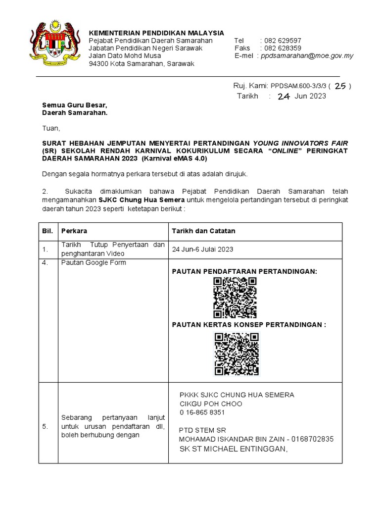 Surat Hebahan Jemputan Menyertai Pertandingan Young Innovators Fair (SR) Sekolah Rendah-Sjkc ...