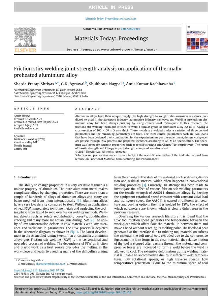 Materials Today: Proceedings: Sharda Pratap Shrivas, G.K. Agrawal, Shubhrata Nagpal, Amit Kumar ...
