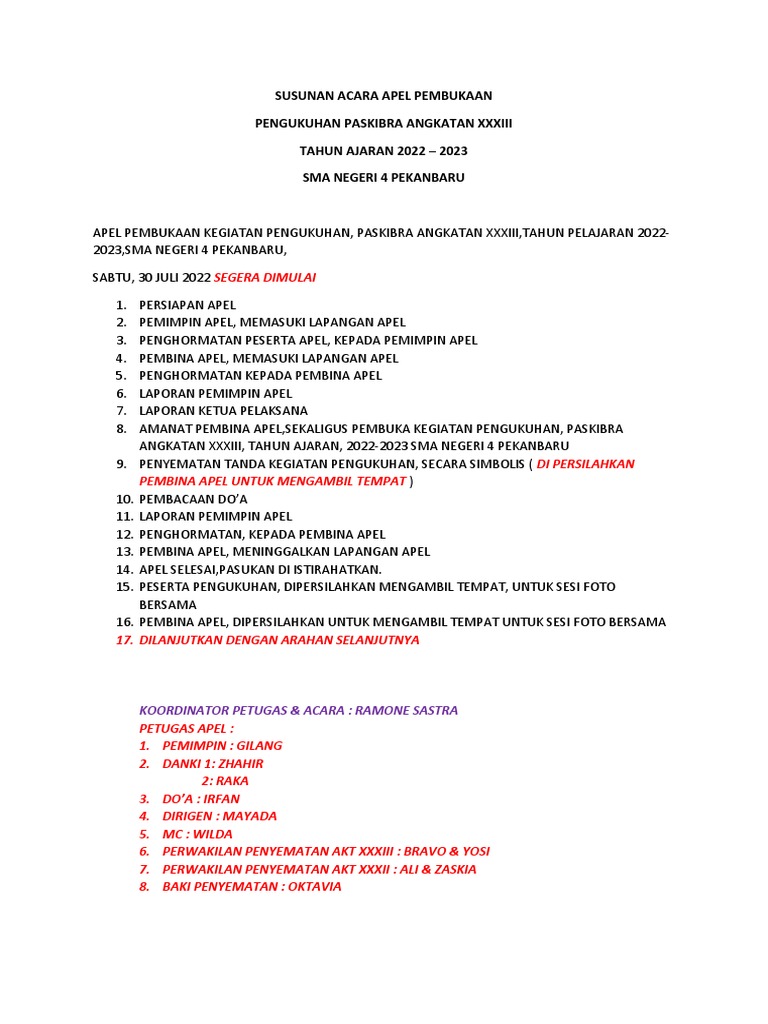 SUSUNAN ACARA APEL PEMBUKAAN | PDF