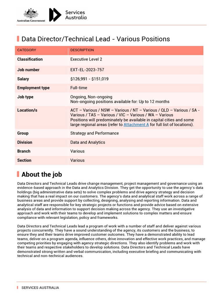 Data Director - Technical Lead - Various Positions EL1 | PDF ...