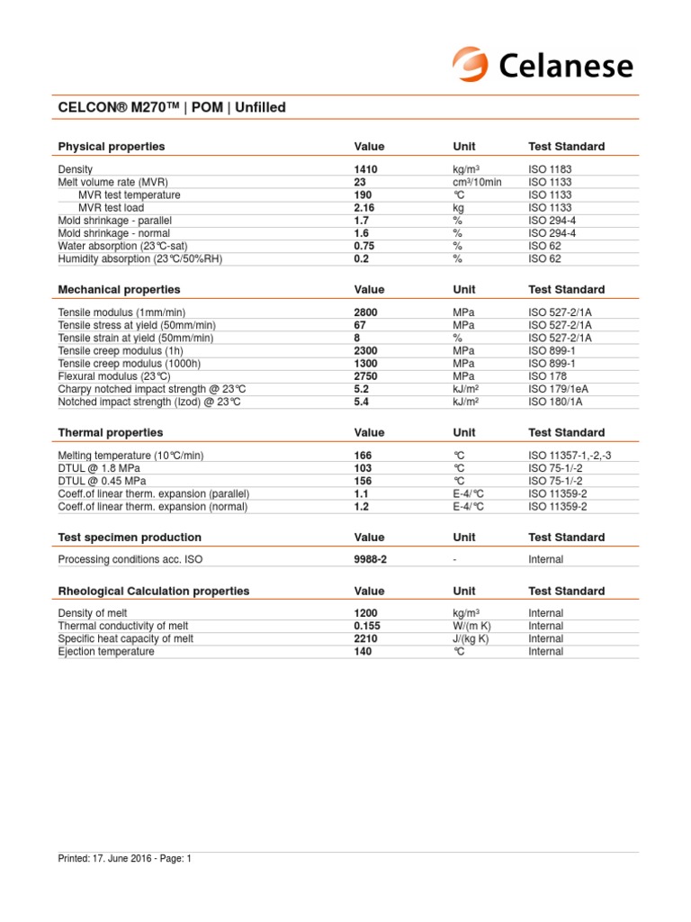 POM Celcon M270 | PDF | Young's Modulus | Strength Of Materials