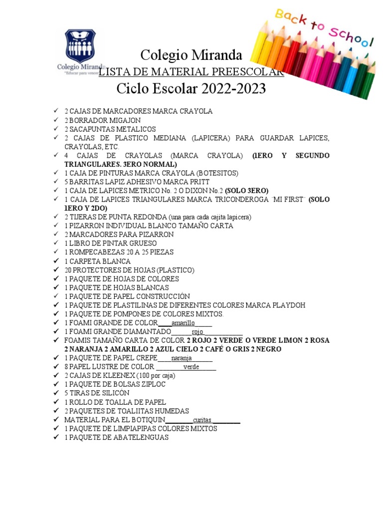 Lista de Material Preescolar | PDF | Lápiz | Color