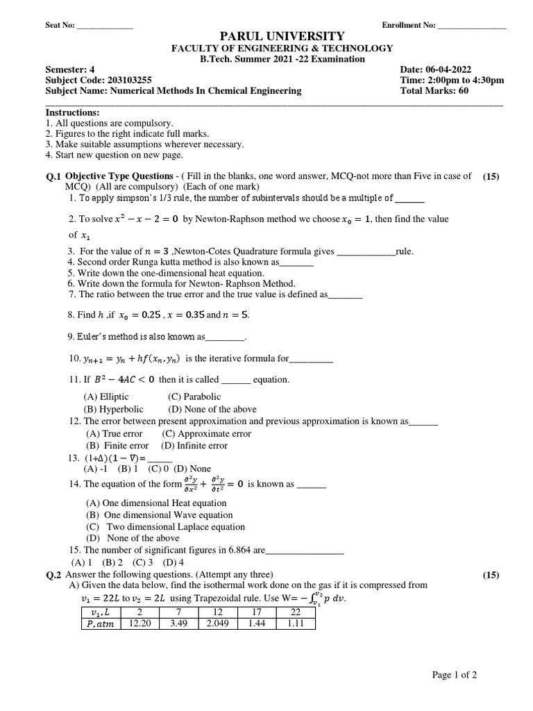 Numerical Methods Exam Paper 2022 | PDF | Equations | Partial ...