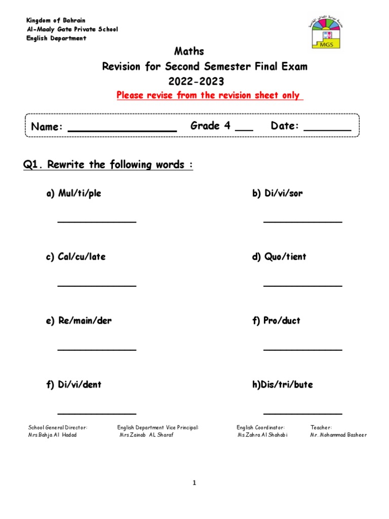 Grade 4 - 2nd Semester Final Exam. Revision Paper | PDF | Angle ...
