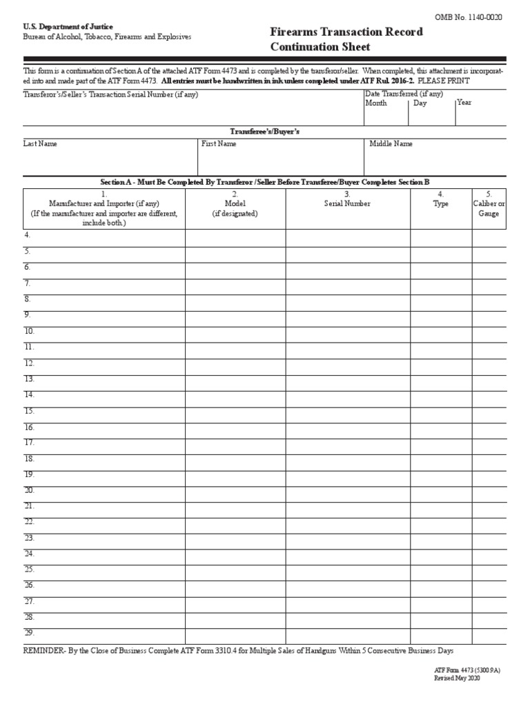 F 4473 5300.9a Firearms Transaction Record Continuation Sheet | PDF