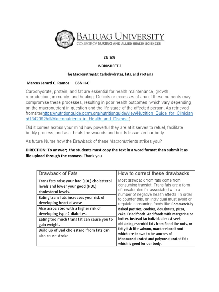 WORKSHEET 2-MACRONUTRIENTS(mod2) Marcus Ramos | PDF | Fat | Carbohydrates