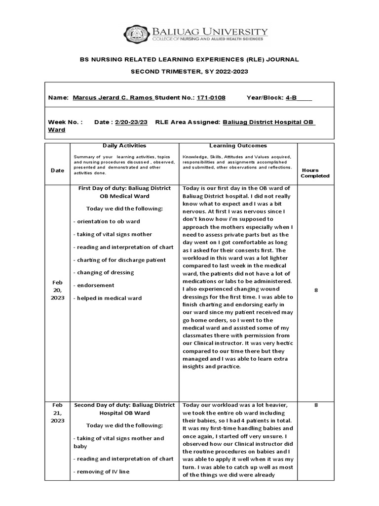 RLE JOURNAL - BDH OBWard - Ramos | PDF | Nursing | Patient