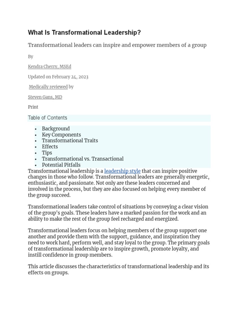 What Is Transformational Leadership | PDF | Transformational Leadership ...