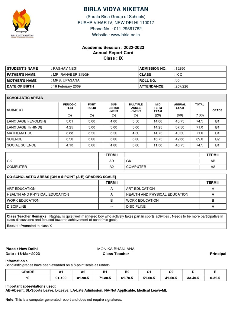 Raghav Negi's Class IX Report Card | PDF