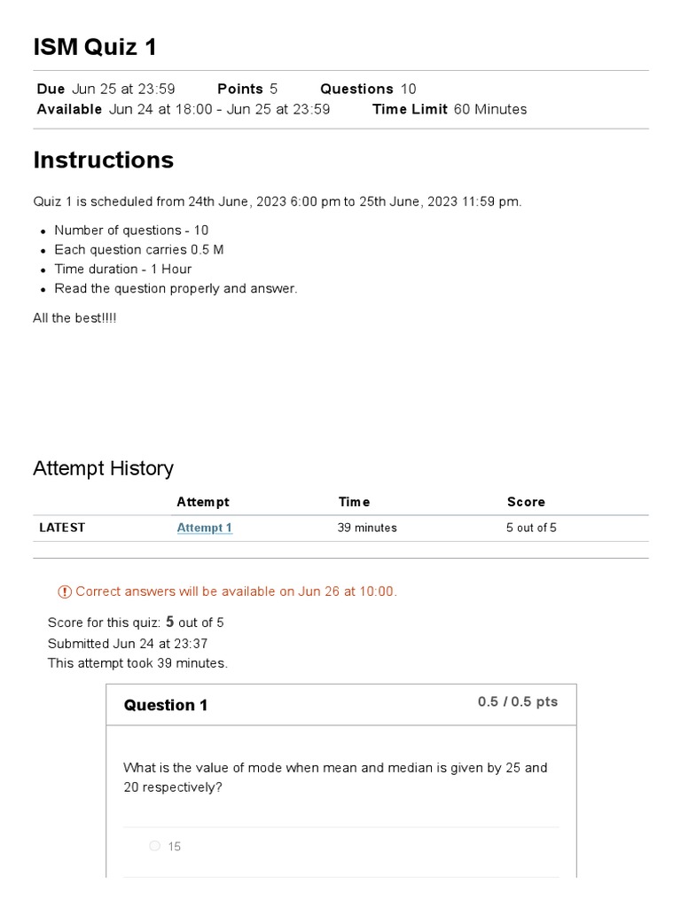 ISM Quiz 1 - Introduction To Stat | PDF