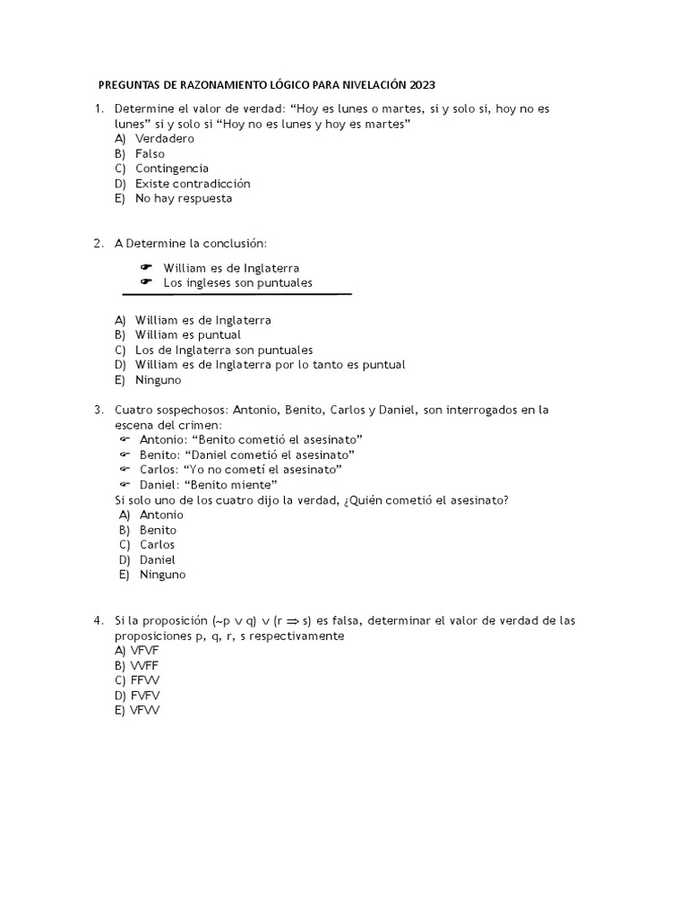 Preguntas de Razonamiento Lógico para Nivelación 2023 | PDF