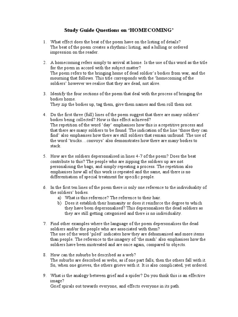 Study Guide Questions On 'Homecoming' | PDF | Grief | Poetry