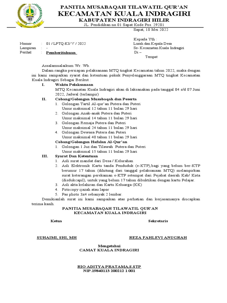 SURAT PEMBERITAHUAN MTQ 2022 | PDF