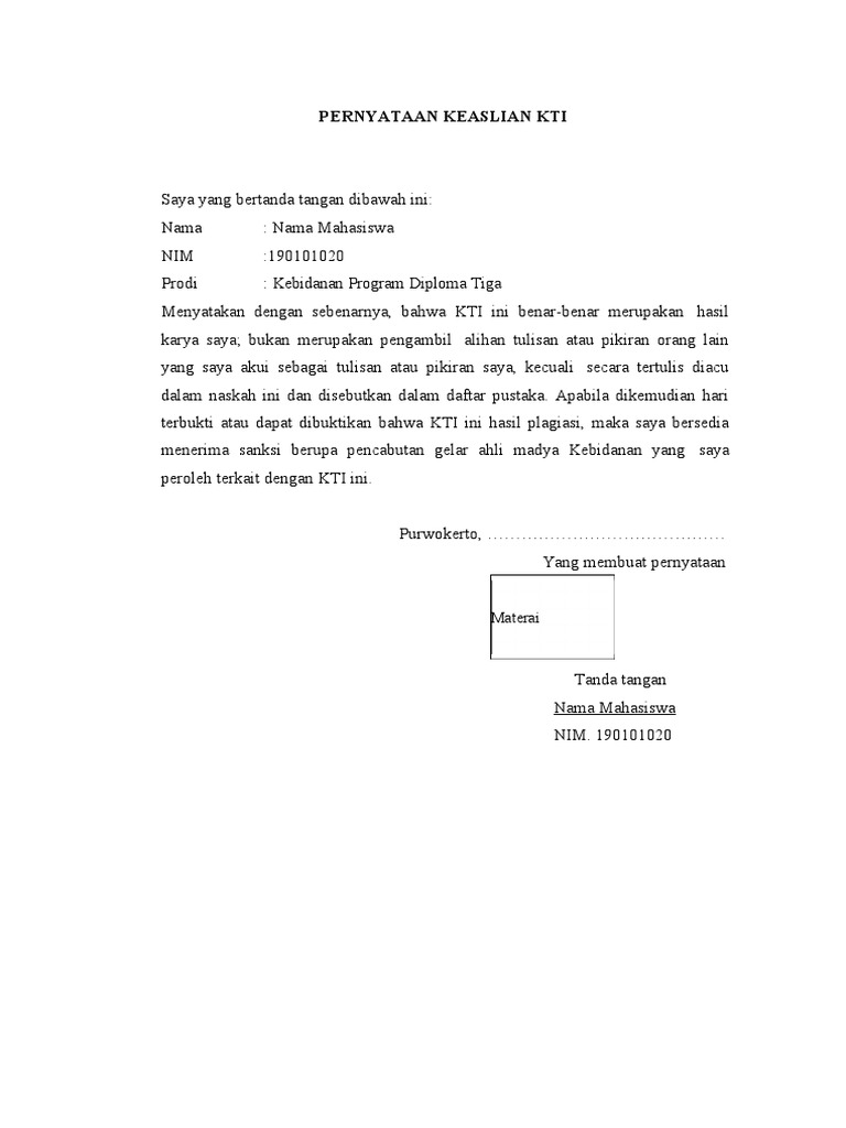 Lembar Pernyataan Keaslian Kti | PDF