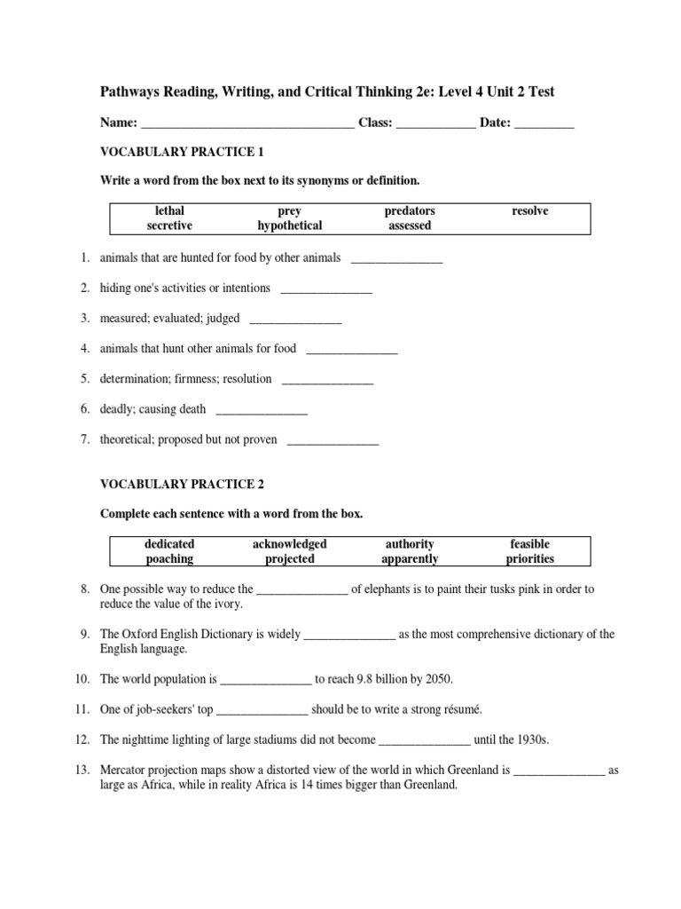 Pathways rw4 2e U2 Test | PDF | Tiger | Leopard