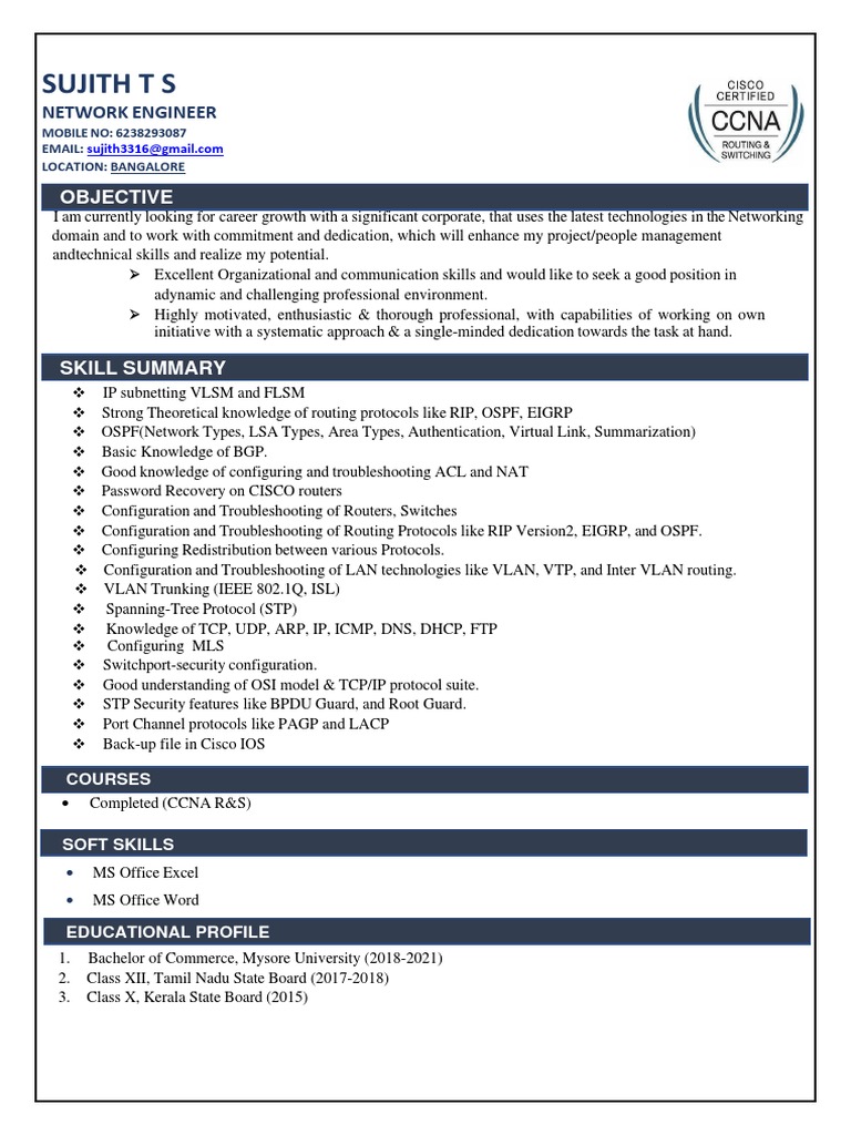 Sujith Resume Ccna | PDF | Internet Protocol Suite | Computer Network