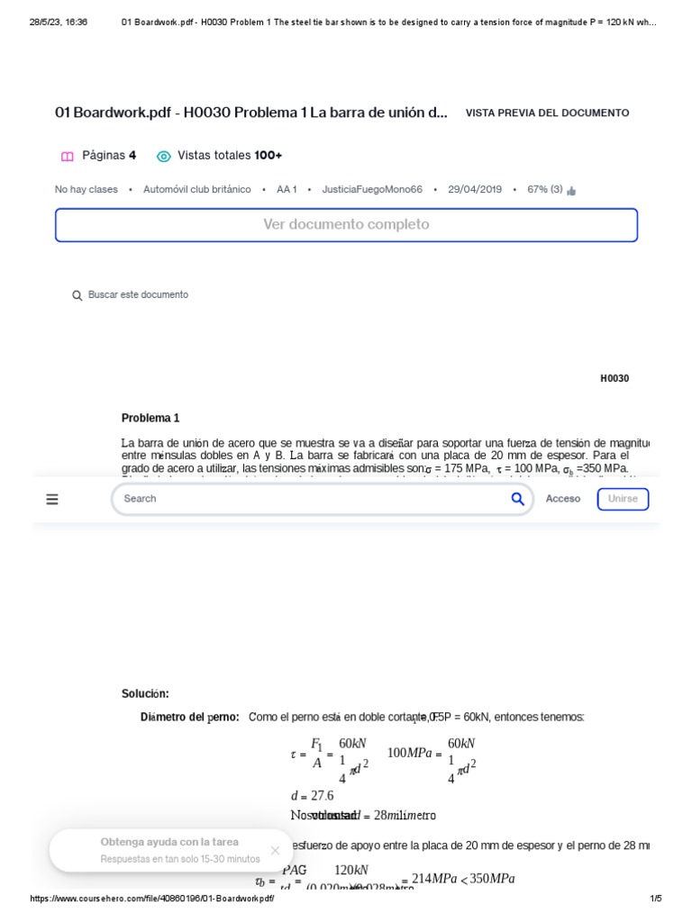 01 Boardwork - PDF - H0030 Problema 1 La Barra de Unión D : Ver Documento Completo | PDF | Tornillo