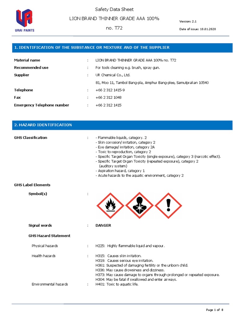 MSDS - Thinner AAA | PDF | Toxicity | Dangerous Goods