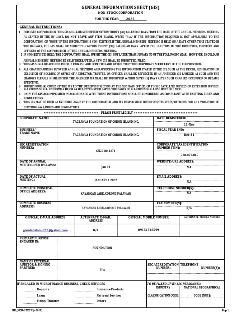 2020form Gis Non Stock | PDF | Securities (Finance) | Board Of Directors