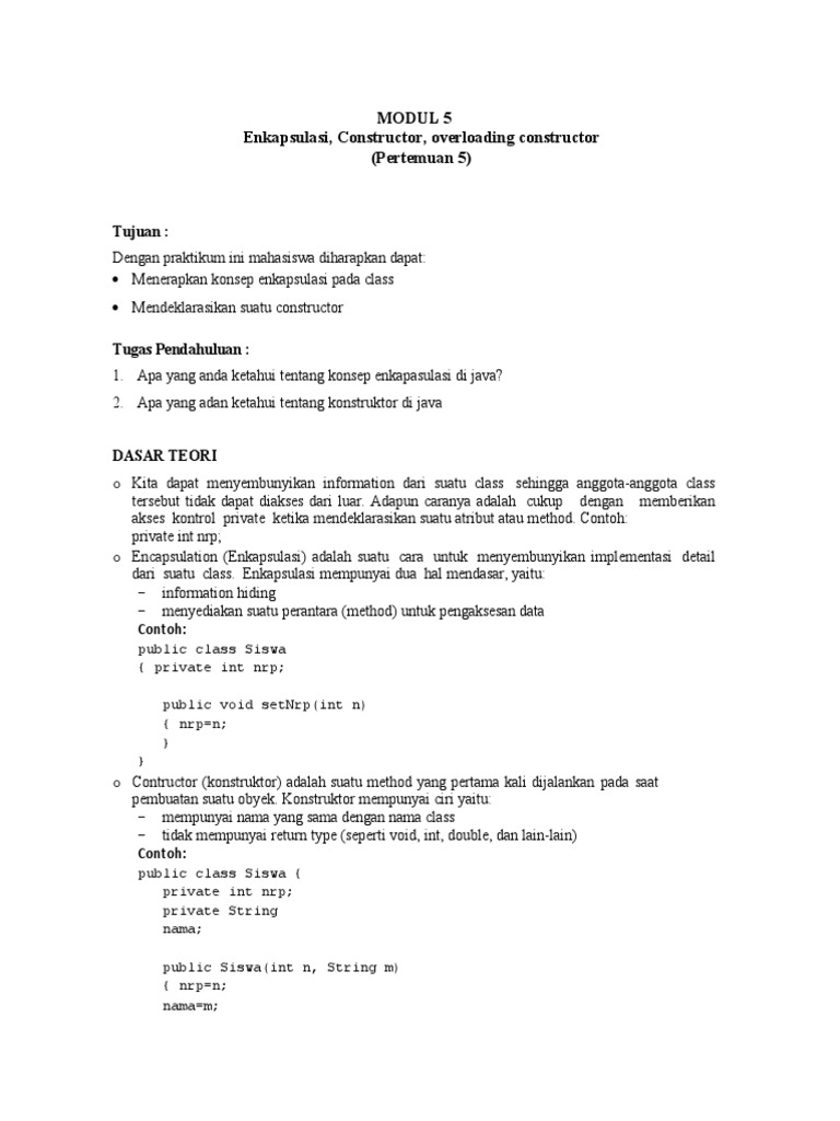 Pertemuan 5 - MODUL 5 Enkapsulasi, Constructor, Overloading | PDF ...