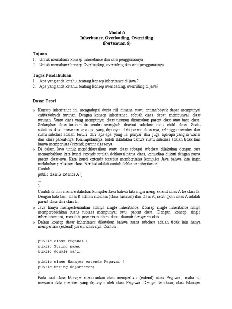 Pertemuan 6 - Modul 6 Inheritance, Overloading, Overriding | PDF | Metode & Bahan Ajar ...