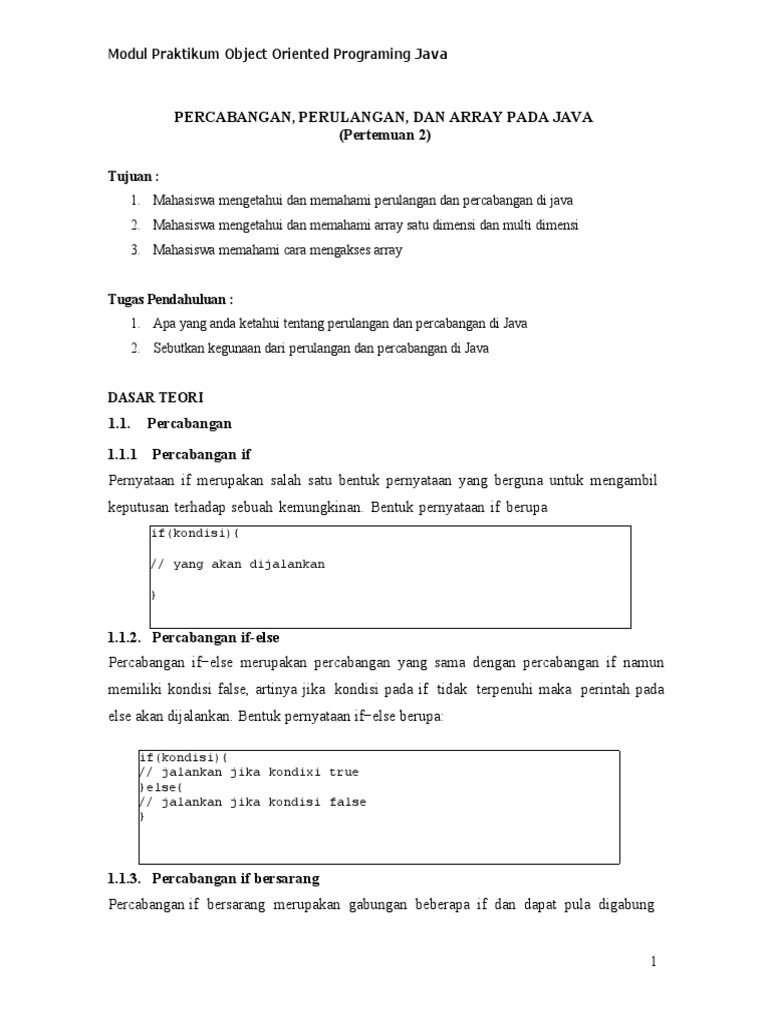 Perulangan, Percabangan Dan Array Pada Java | PDF