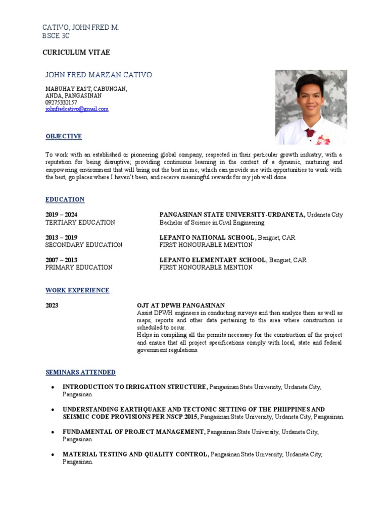 John Fred Cativo's Civil Engineering CV | PDF | Quality Assurance