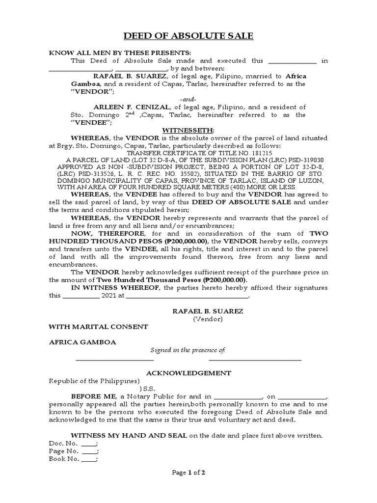 Deed of Sale | PDF | Deed | Real Property Law