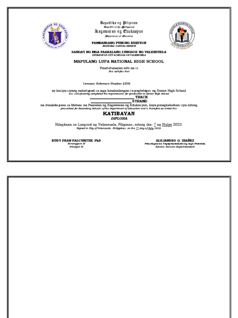 MLNHS Diploma Template Senior High School | PDF